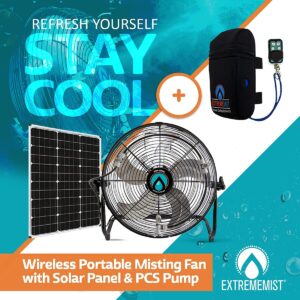 EXTREMEMIST 14” Misting Fan – 3 Mister Nozzles, 20W Solar Panel | Detachable Pump with 16ft. Misting Line | Perfect for Outdoors, Camping, Tailgating