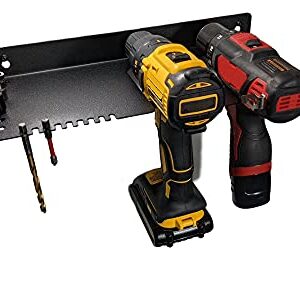 DIYE Mini Drill Organizer Rack - Cordless Drill Wall Mount Wall Charging Station Shelf & Drill Bit Storage | Holds 2 Drills, Charger, 15 Bits, Extras | Compatible with All Cordless Drill Brands