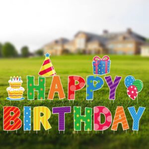 17 pieces happy birthday yard sign 16 inch birthday letters lawn sign colorful birthday yard decoration with stakes cake balloon waterproof garden lawn decor for outdoor birthday party supplies