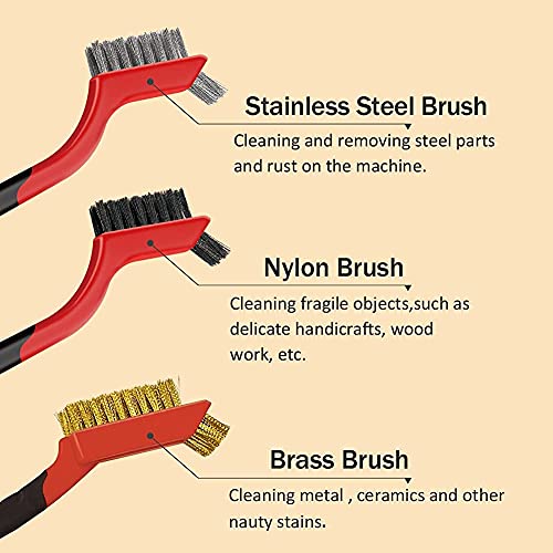 3PCS Small Wire Brushes Set for Cleaning, Include Steel/Nylon/Copper Bristles,Multi-Purpose Brass Brush with Plastic Scraper for Remove Rust Stains,Polished