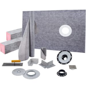 vevor shower curb kit 38" x 60" watertight shower curb overlay with 4" pvc offset bonding flange, 4" stainless steel grate, 2 cuttable shower curb and trowel, shower pan slope sticks fit for bathroom