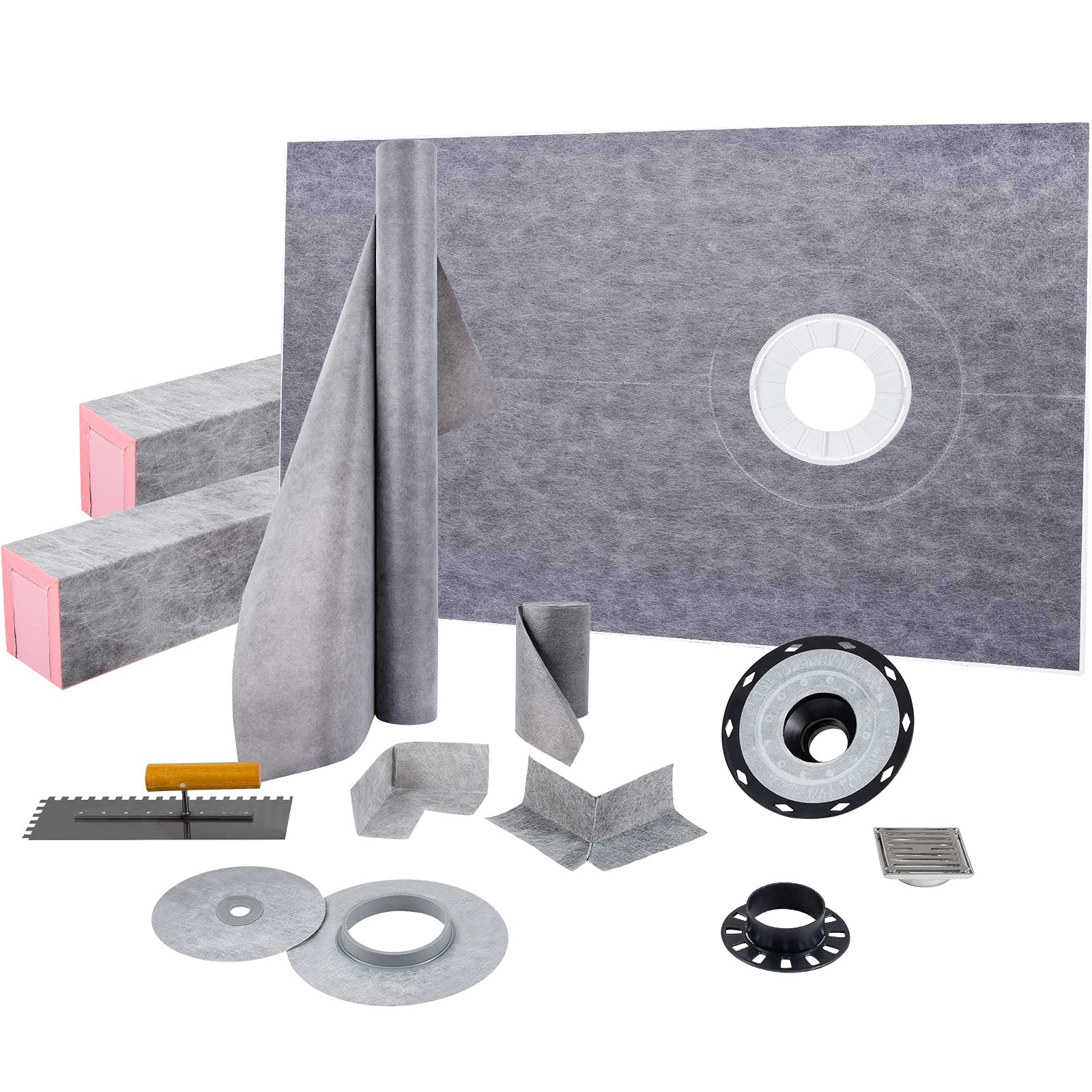 VEVOR Shower Curb Kit 38" x 60" Watertight Shower Curb Overlay with 4" PVC Offset Bonding Flange, 4" Stainless Steel Grate, 2 Cuttable Shower Curb and Trowel, Shower Pan Slope Sticks Fit for Bathroom