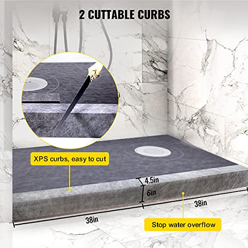 VEVOR Shower Curb Kit 38" x 60" Watertight Shower Curb Overlay with 4" PVC Offset Bonding Flange, 4" Stainless Steel Grate, 2 Cuttable Shower Curb and Trowel, Shower Pan Slope Sticks Fit for Bathroom