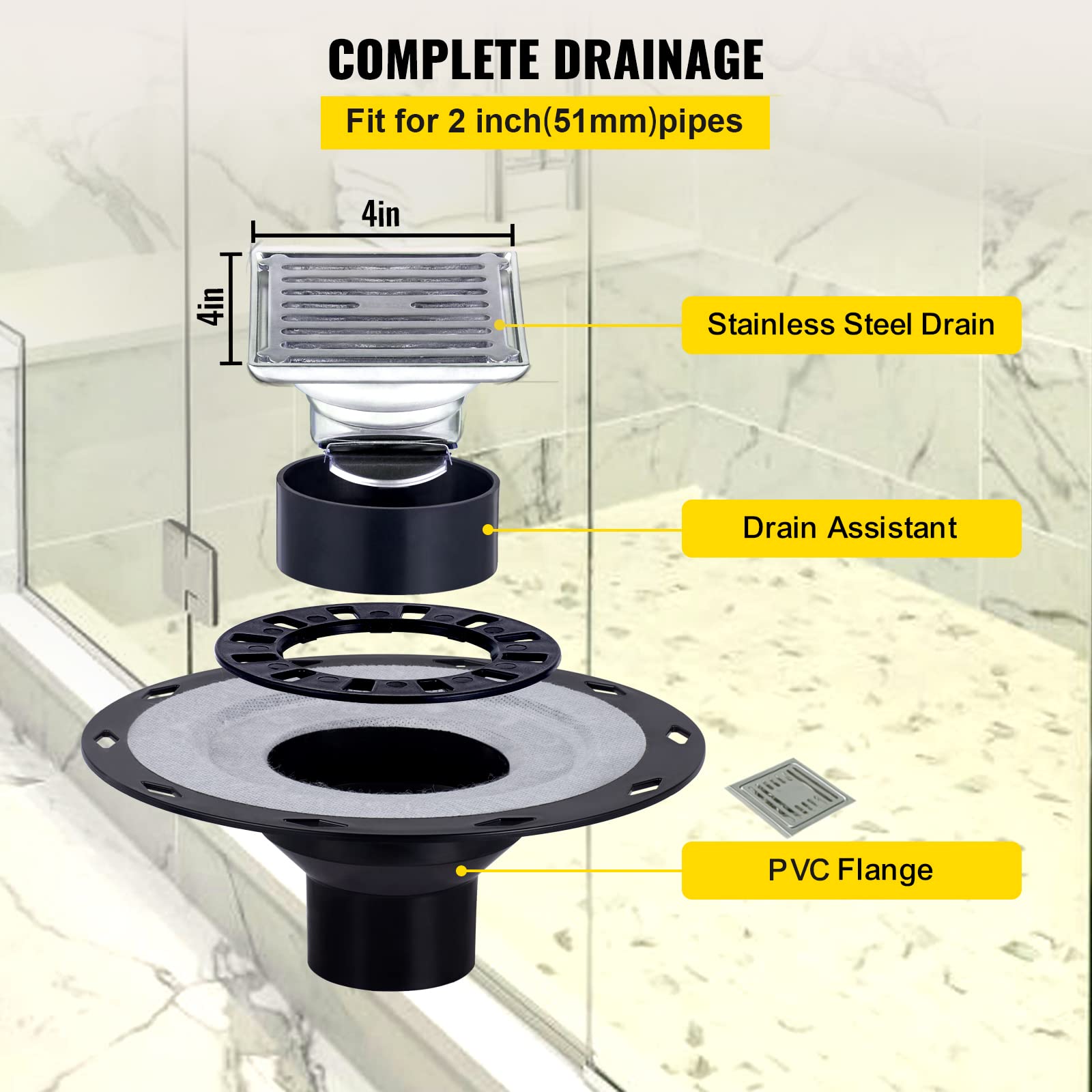 VEVOR Shower Curb Kit 38" x 60" Watertight Shower Curb Overlay with 4" PVC Offset Bonding Flange, 4" Stainless Steel Grate, 2 Cuttable Shower Curb and Trowel, Shower Pan Slope Sticks Fit for Bathroom