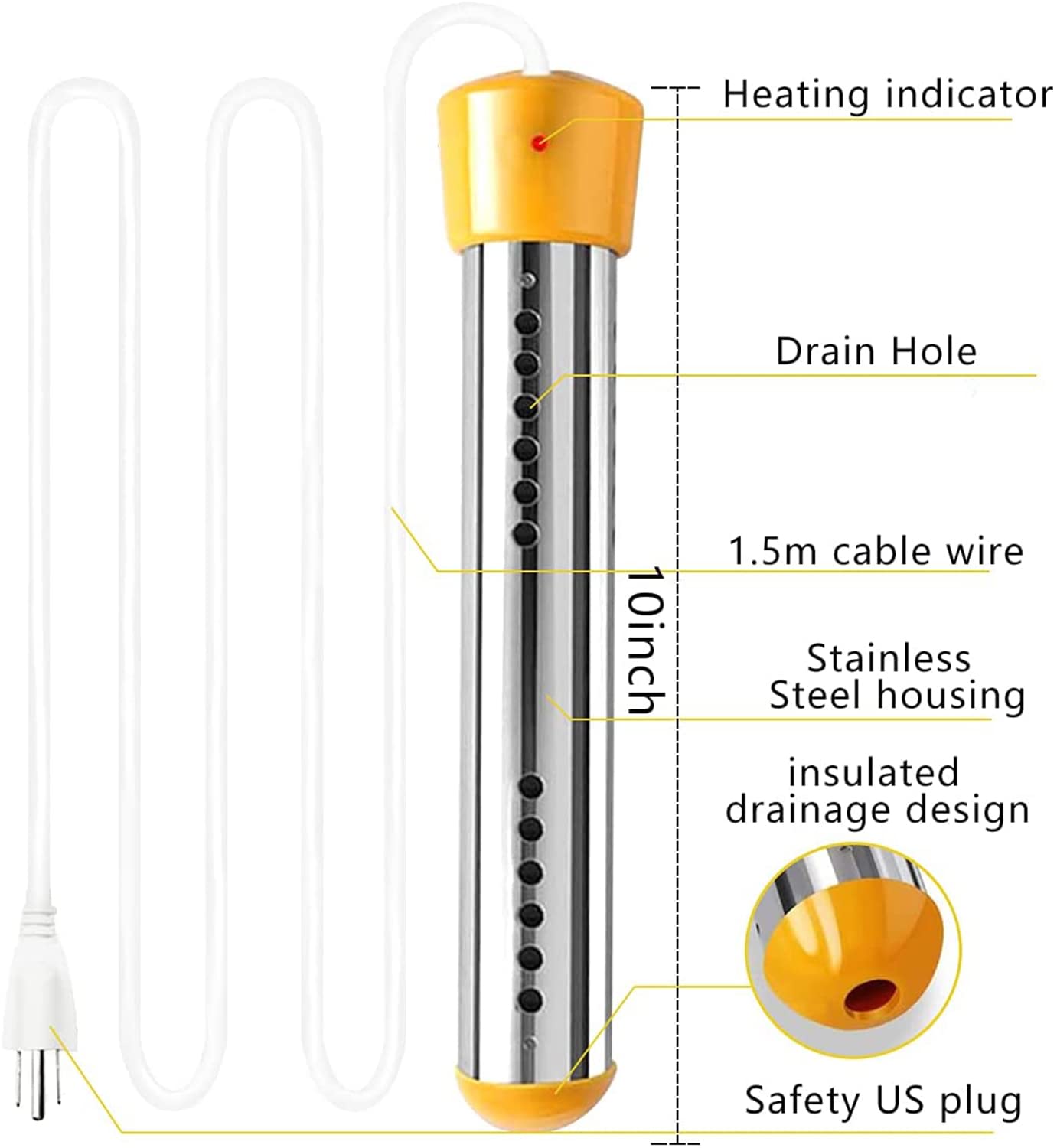 Memoryee Immersion Water Heater Portable Electric Stainless-Steel Heaters with Guard CoverSubmersible Home Instant Water Heater with and for Travel Camping Hot Bathtub Mini Inflatable Pool