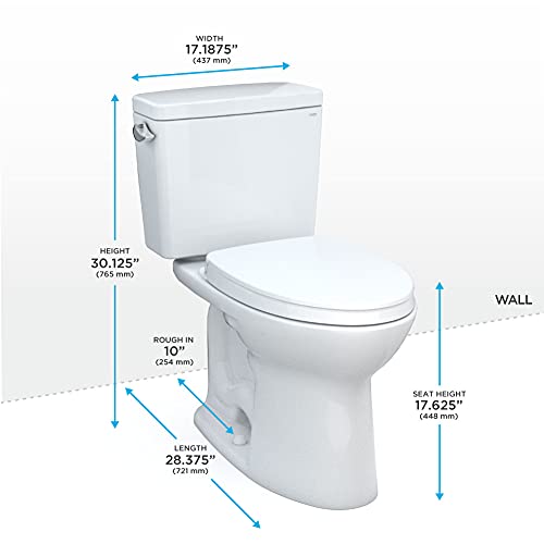 TOTO Drake Two-Piece Elongated 1.28 GPF Universal Height TORNADO FLUSH Toilet with 10 Inch Rough-In, CEFIONTECT, and SoftClose Seat, WASHLET+ Ready, Cotton White - MS776124CEFG.10#01