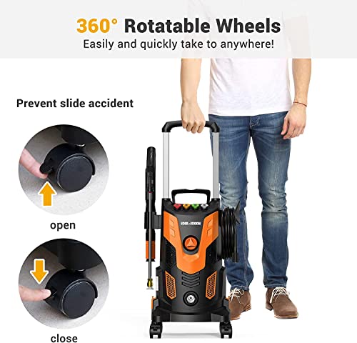 Rock&Rocker Upgraded 1750PSI Pressure Washer, 2.5GPM Portable Electric Power Washer with 360° Spinner Wheels, 4 Quick Connect Nozzles Foam Cannon for Car/Patio/Deck/Home Cleaning