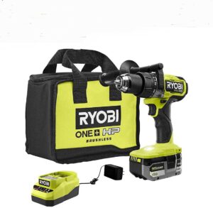 ryobi one+ hp 18v brushless cordless 1/2 in. hammer drill kit with (1) 4.0 ah high performance battery, charger, and tool bag