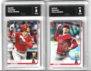 mint shohei ohtani 2019 topps all star rookie cup trophy 2 card lot pitching and batting graded gma mint 9 mlb superstar mvp player