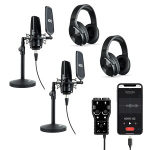 movo iphone podcast equipment bundle for 2-2x pro condenser podcast microphone, 2x studio monitor headphones, 2x pop filter, 2x tabletop mic stand, lightning interface for iphone, ipad, ios