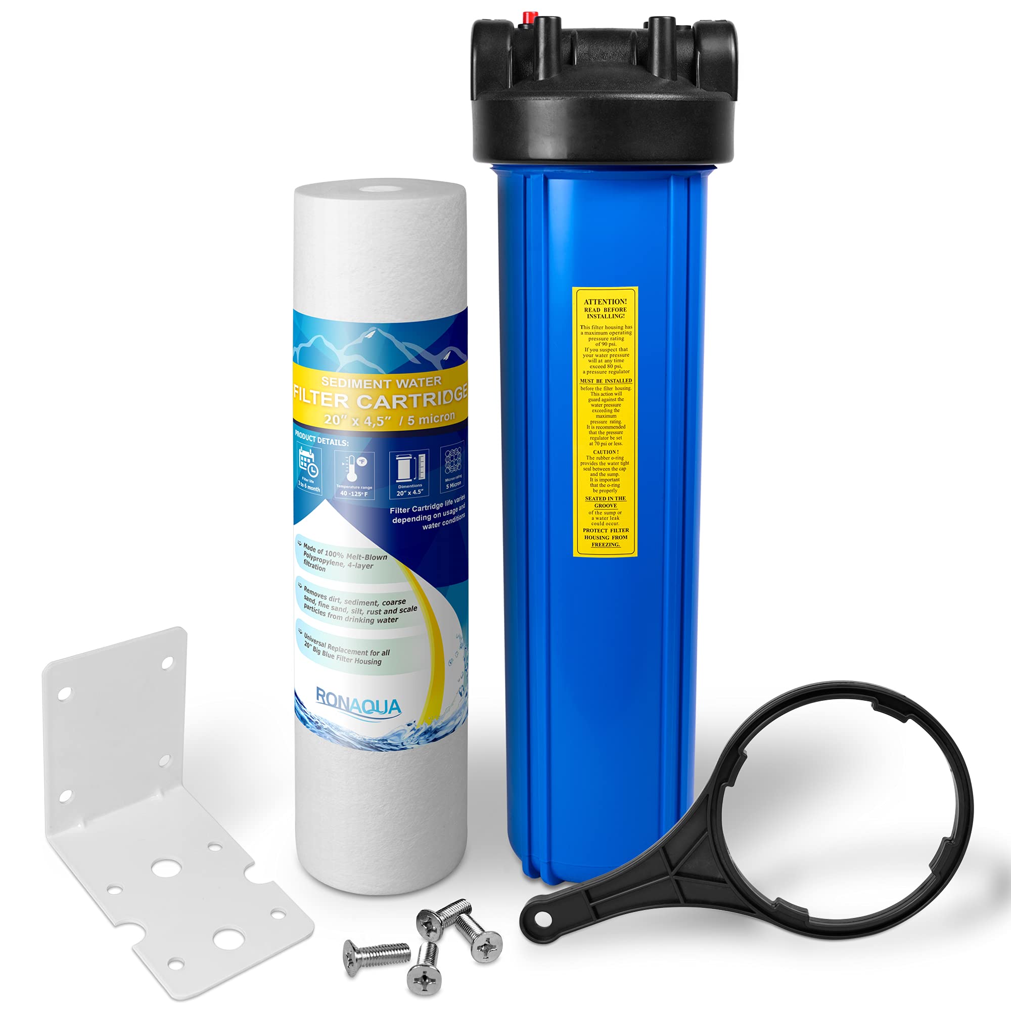 Whole House Water Filtration System, Big 20 x 4.5" Housing, 5 Micron Sediment Filter Cartridge & Mounting Hardware Included! (20 Inches)