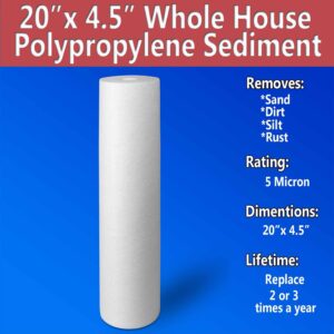 Whole House Water Filtration System, Big 20 x 4.5" Housing, 5 Micron Sediment Filter Cartridge & Mounting Hardware Included! (20 Inches)