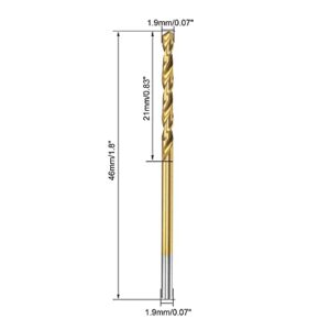 uxcell High Speed Steel Straight Shank Twist Drill Bit Fully Ground Titanium Coated 1.9mm Drill Diameter 46mm Total Length 21mm Drill Bit Length 6 Pcs