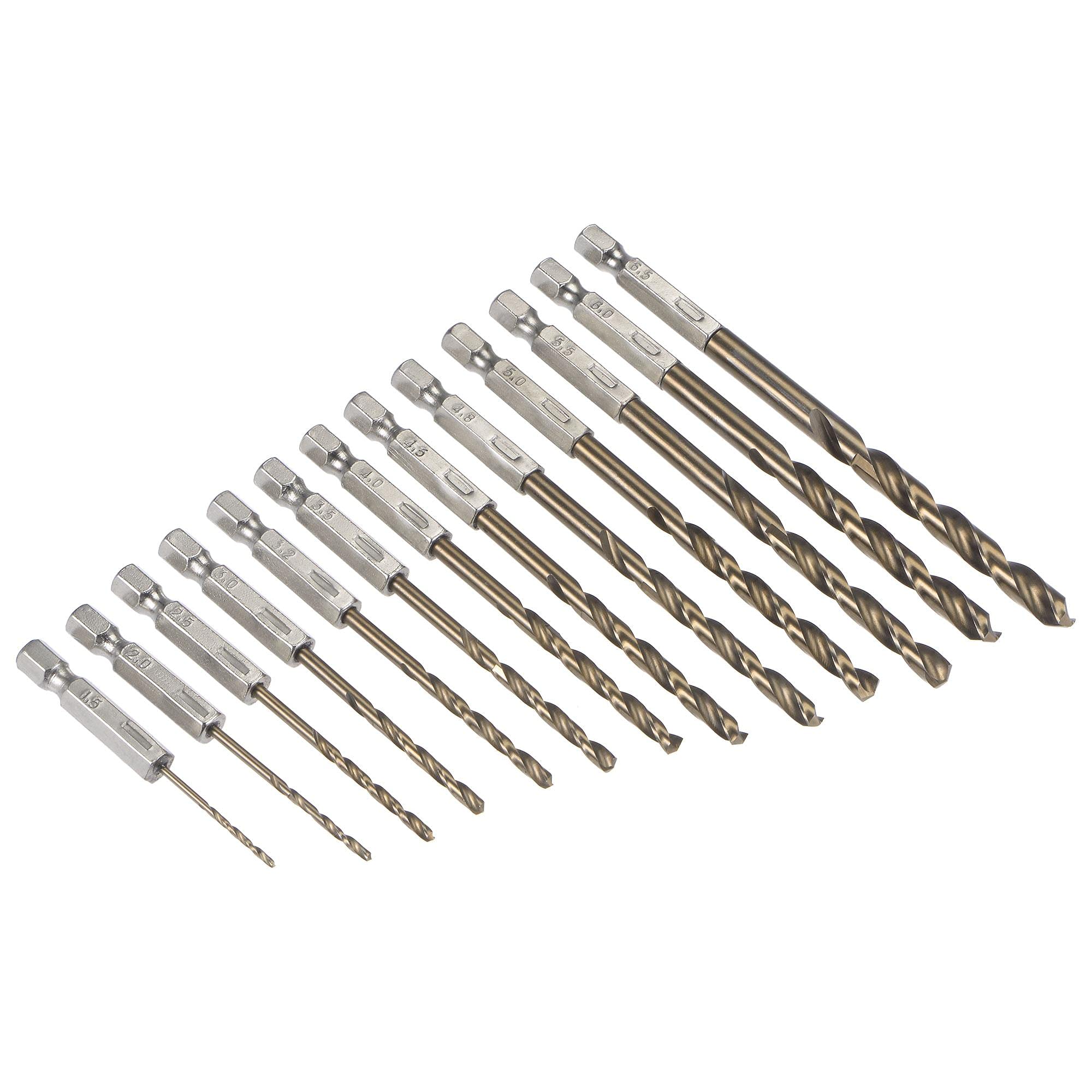 uxcell 13 Pcs High Speed Steel Hex Shank Twist Drill Bit Set, Quick Change Titanium Coated 1/4 Inch Hex Shank 1.5mm-6.5mm Drilling Dia