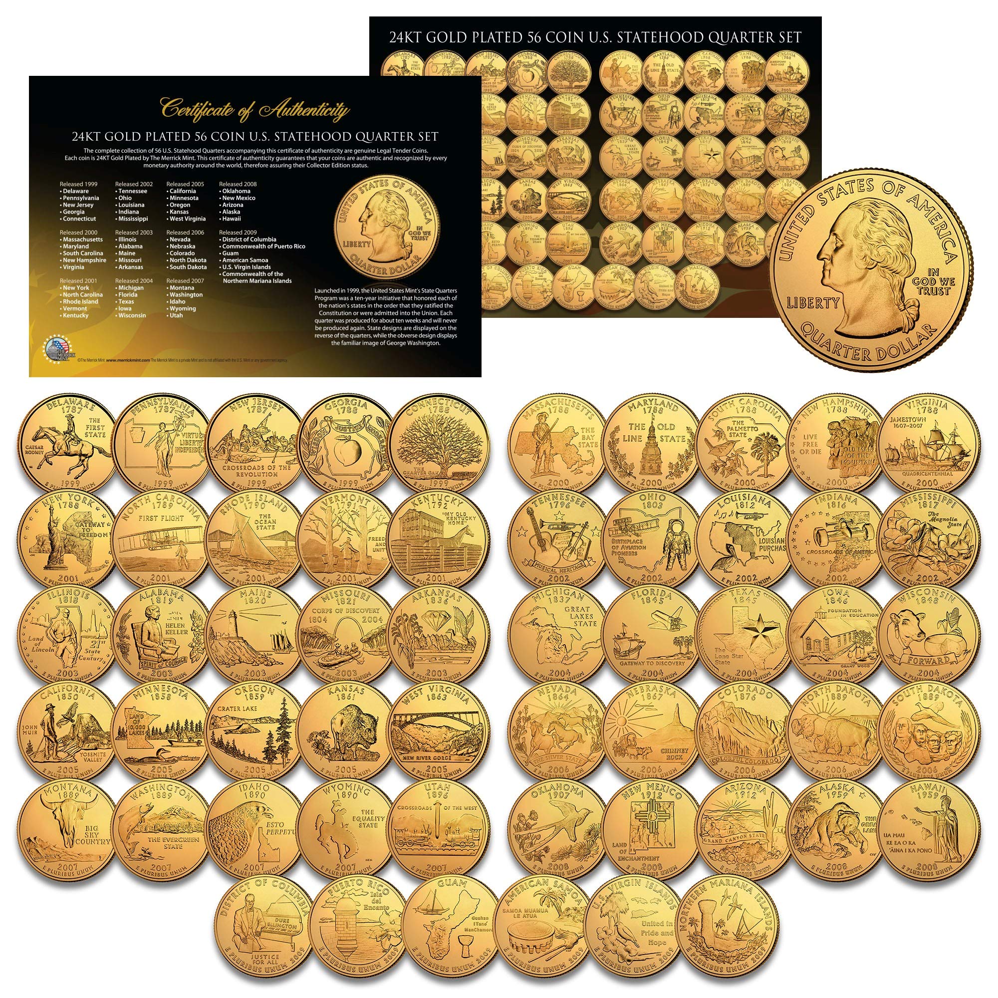 Merrick Mint 1999-2009 Complete Set of All 56 Statehood U.S. Quarters 24K Gold Plated Coins