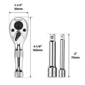 DURATECH Stubby Ratchet Set, 3/8" & 1/4” Dual Head Ratchet Wrench with 2 Extension Bars, 3-piece, Chrome Plated Finish