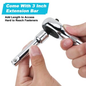 DURATECH Stubby Ratchet Set, 3/8" & 1/4” Dual Head Ratchet Wrench with 2 Extension Bars, 3-piece, Chrome Plated Finish