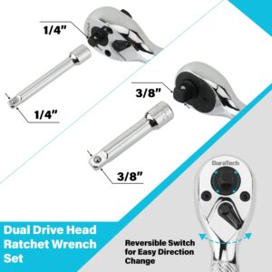 DURATECH Stubby Ratchet Set, 3/8" & 1/4” Dual Head Ratchet Wrench with 2 Extension Bars, 3-piece, Chrome Plated Finish