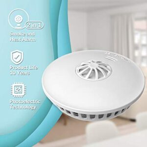 Ecoey Fire Alarms Smoke Detectors, 10-Year Smoke and Heat Detector with Built-in Battery for Home Bedroom and Kitchen, Smoke Detector and Heat Alarm with Easy Install and Test Button, FJ192,1 Pack