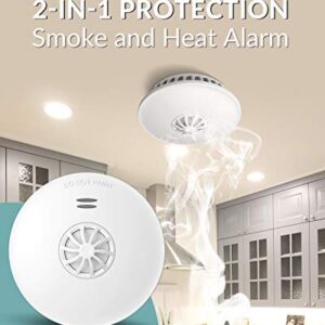 Ecoey Fire Alarms Smoke Detectors, 10-Year Smoke and Heat Detector with Built-in Battery for Home Bedroom and Kitchen, Smoke Detector and Heat Alarm with Easy Install and Test Button, FJ192,1 Pack