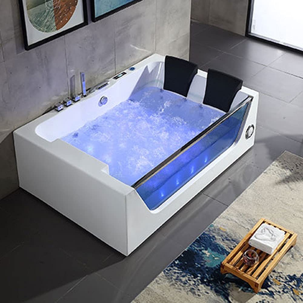 71" Acrylic Whirlpool Bathtub 2 Person, Alcove Soaking SPA Double Ended Tub Hydromassage Rectangular Water Jets with Computer Panel, Air Bubble, Light, UL Certified, White (Q411)