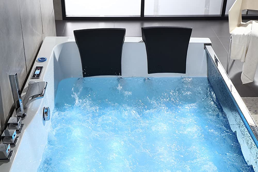 71" Acrylic Whirlpool Bathtub 2 Person, Alcove Soaking SPA Double Ended Tub Hydromassage Rectangular Water Jets with Computer Panel, Air Bubble, Light, UL Certified, White (Q411)