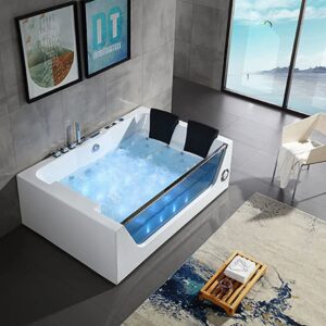 71" Acrylic Whirlpool Bathtub 2 Person, Alcove Soaking SPA Double Ended Tub Hydromassage Rectangular Water Jets with Computer Panel, Air Bubble, Light, UL Certified, White (Q411)