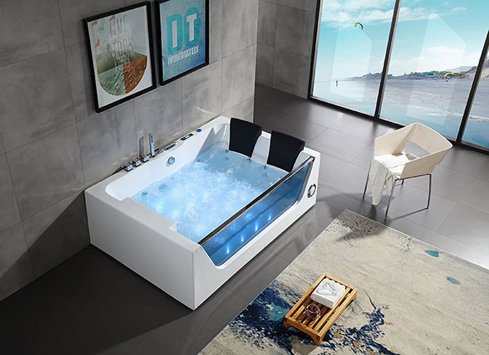 71" Acrylic Whirlpool Bathtub 2 Person, Alcove Soaking SPA Double Ended Tub Hydromassage Rectangular Water Jets with Computer Panel, Air Bubble, Light, UL Certified, White (Q411)