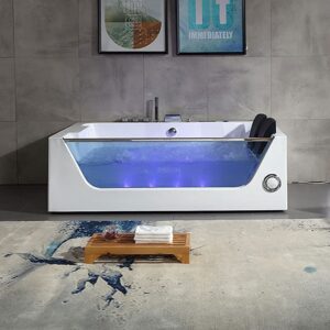 71" Acrylic Whirlpool Bathtub 2 Person, Alcove Soaking SPA Double Ended Tub Hydromassage Rectangular Water Jets with Computer Panel, Air Bubble, Light, UL Certified, White (Q411)