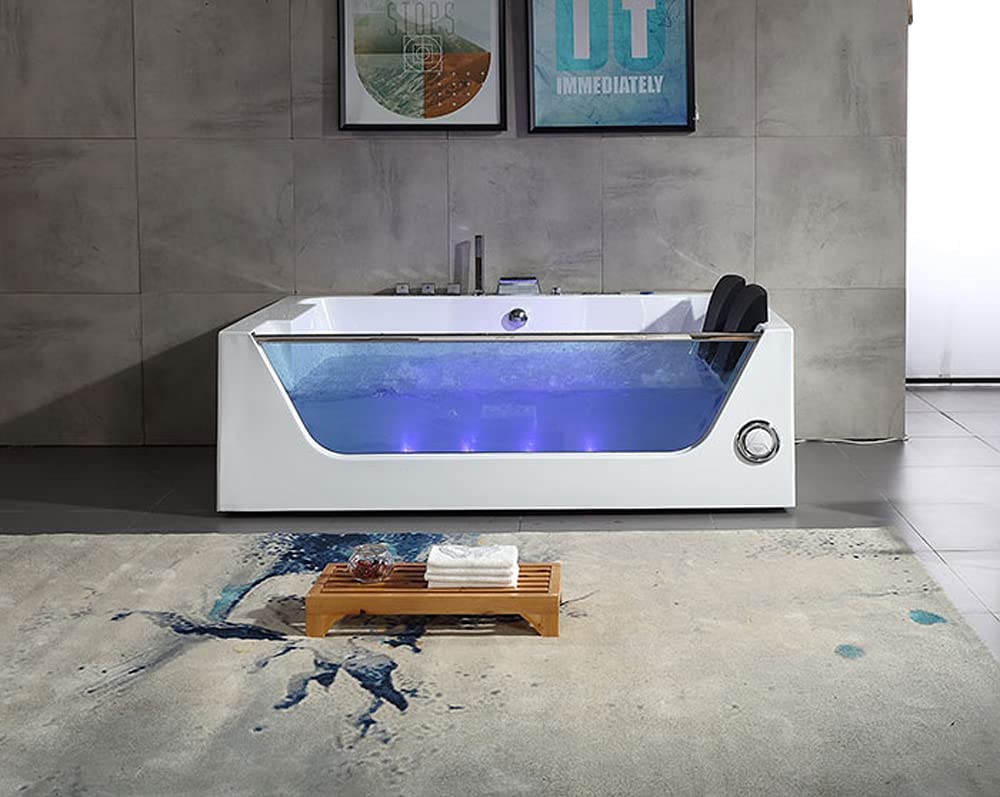 71" Acrylic Whirlpool Bathtub 2 Person, Alcove Soaking SPA Double Ended Tub Hydromassage Rectangular Water Jets with Computer Panel, Air Bubble, Light, UL Certified, White (Q411)