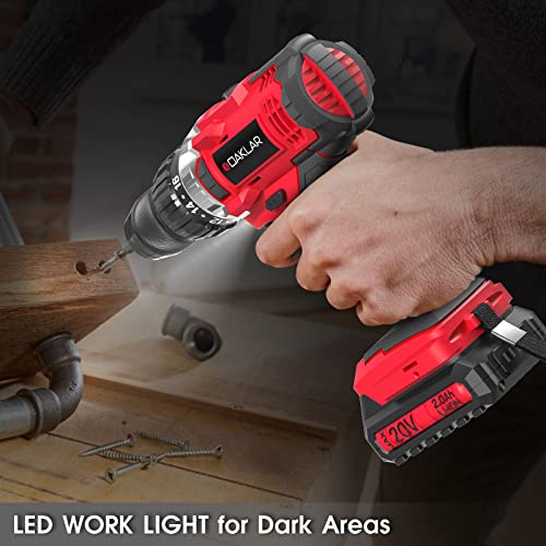 OAKLAR 20V Cordless Electric Power Drill, 450In-lbs, 1/2" All-Metal Chuck, Variable Speeds, 16+1+1 Torque Setting, 2.0Ah Battery and Charger, Hammer Drill Set for Concrete, Metal, Wood