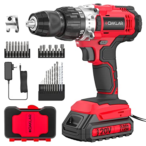 OAKLAR 20V Cordless Electric Power Drill, 450In-lbs, 1/2" All-Metal Chuck, Variable Speeds, 16+1+1 Torque Setting, 2.0Ah Battery and Charger, Hammer Drill Set for Concrete, Metal, Wood