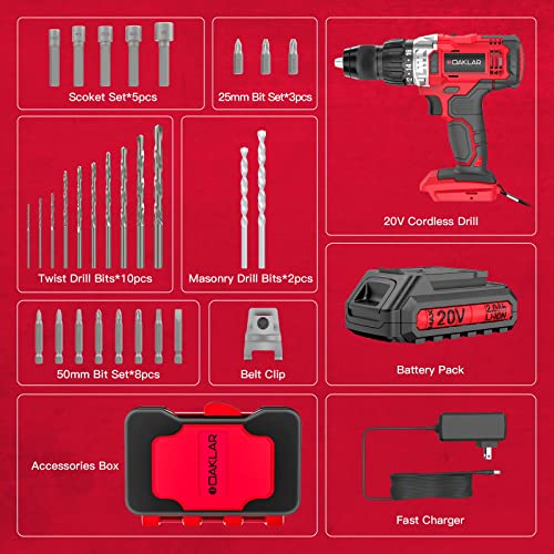 OAKLAR 20V Cordless Electric Power Drill, 450In-lbs, 1/2" All-Metal Chuck, Variable Speeds, 16+1+1 Torque Setting, 2.0Ah Battery and Charger, Hammer Drill Set for Concrete, Metal, Wood