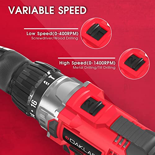 OAKLAR 20V Cordless Electric Power Drill, 450In-lbs, 1/2" All-Metal Chuck, Variable Speeds, 16+1+1 Torque Setting, 2.0Ah Battery and Charger, Hammer Drill Set for Concrete, Metal, Wood