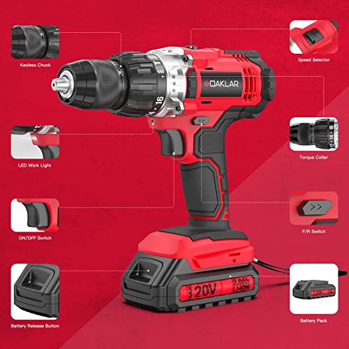 OAKLAR 20V Cordless Electric Power Drill, 450In-lbs, 1/2" All-Metal Chuck, Variable Speeds, 16+1+1 Torque Setting, 2.0Ah Battery and Charger, Hammer Drill Set for Concrete, Metal, Wood