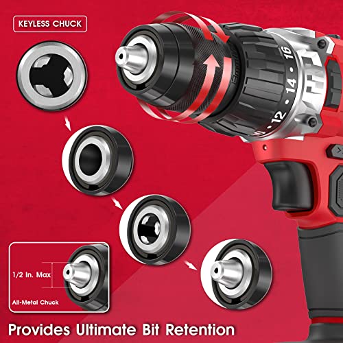 OAKLAR 20V Cordless Electric Power Drill, 450In-lbs, 1/2" All-Metal Chuck, Variable Speeds, 16+1+1 Torque Setting, 2.0Ah Battery and Charger, Hammer Drill Set for Concrete, Metal, Wood