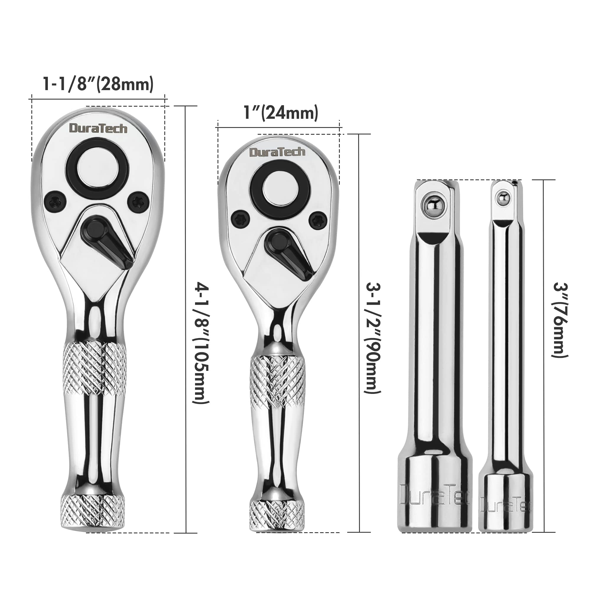 DURATECH Stubby Ratchet Set, 1/4-Inch and 3/8-Inch Ratchets with 2 Extension Bars, 4-piece, 72-T Reversible Quick-Release Head, Chrome Plated Finish and Full Polish