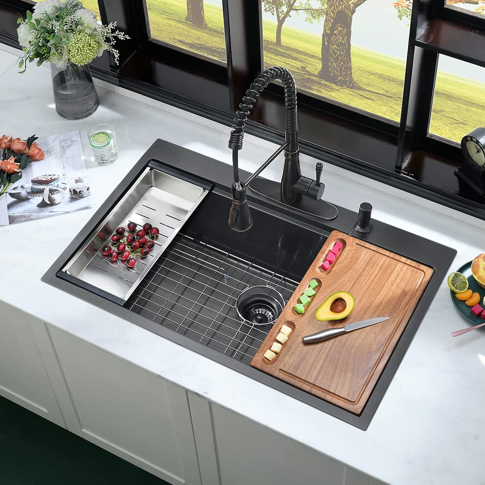 33 Black Drop In Kitchen Sink Workstation - iAnomal 33 x 22 Black Kitchen Sink Drop In Topmount Workstation Sink 16 Gauge 10 Inch Deep Stainless Steel Single Bowl Kitchen Sink with Cutting Board