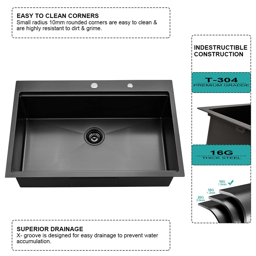 33 Black Drop In Kitchen Sink Workstation - iAnomal 33 x 22 Black Kitchen Sink Drop In Topmount Workstation Sink 16 Gauge 10 Inch Deep Stainless Steel Single Bowl Kitchen Sink with Cutting Board