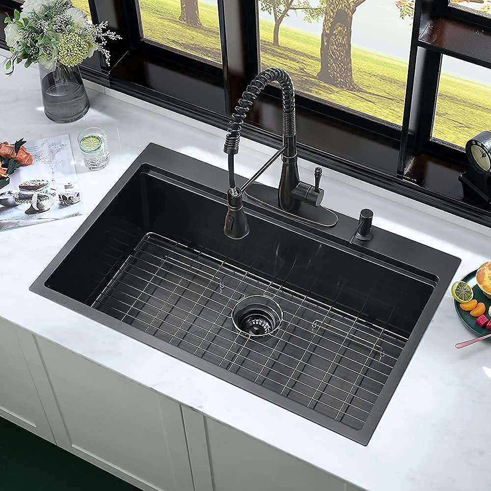 33 Black Drop In Kitchen Sink Workstation - iAnomal 33 x 22 Black Kitchen Sink Drop In Topmount Workstation Sink 16 Gauge 10 Inch Deep Stainless Steel Single Bowl Kitchen Sink with Cutting Board