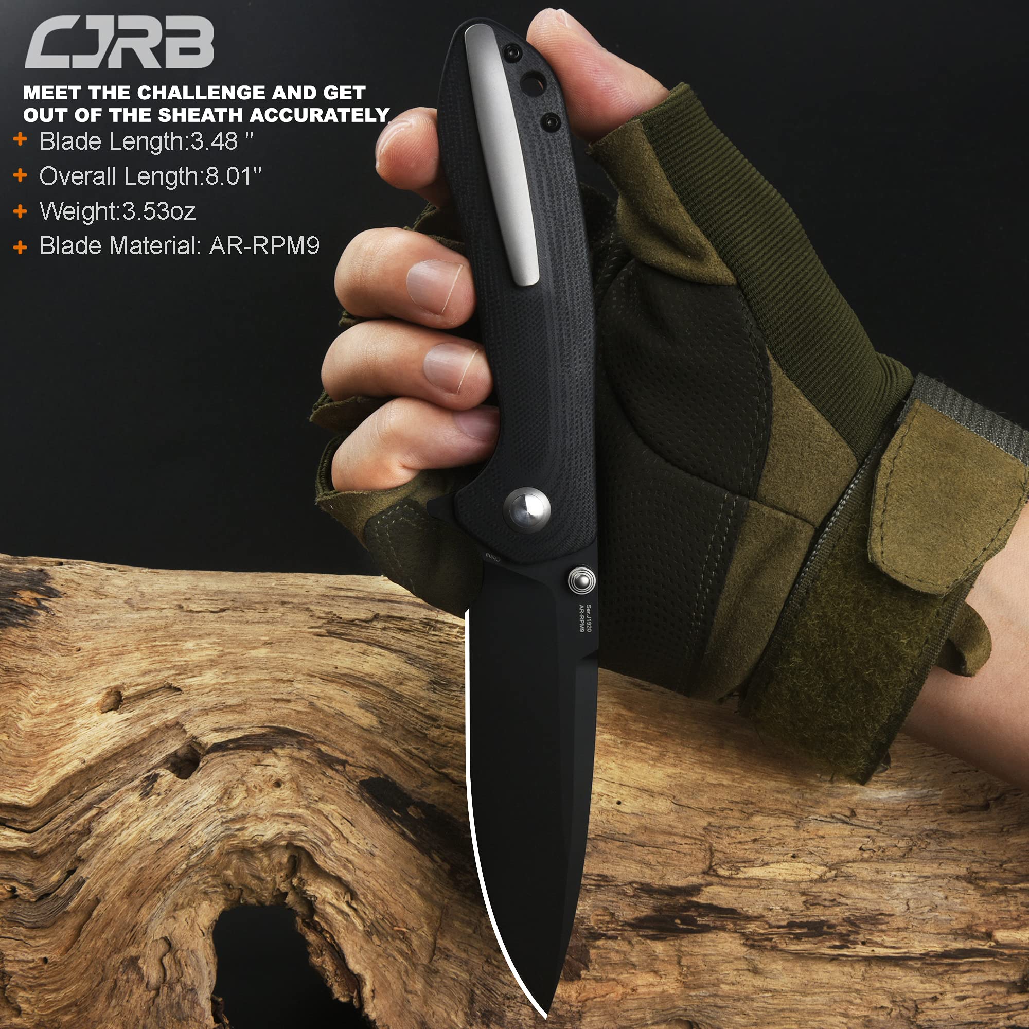 CJRB CUTLERY Pocket Knife Scoria (J1920) AR-RPM9 Powder Steel Black PVD Blade Black G10 Handle Tactical Knife Folding Knife EDC Knife