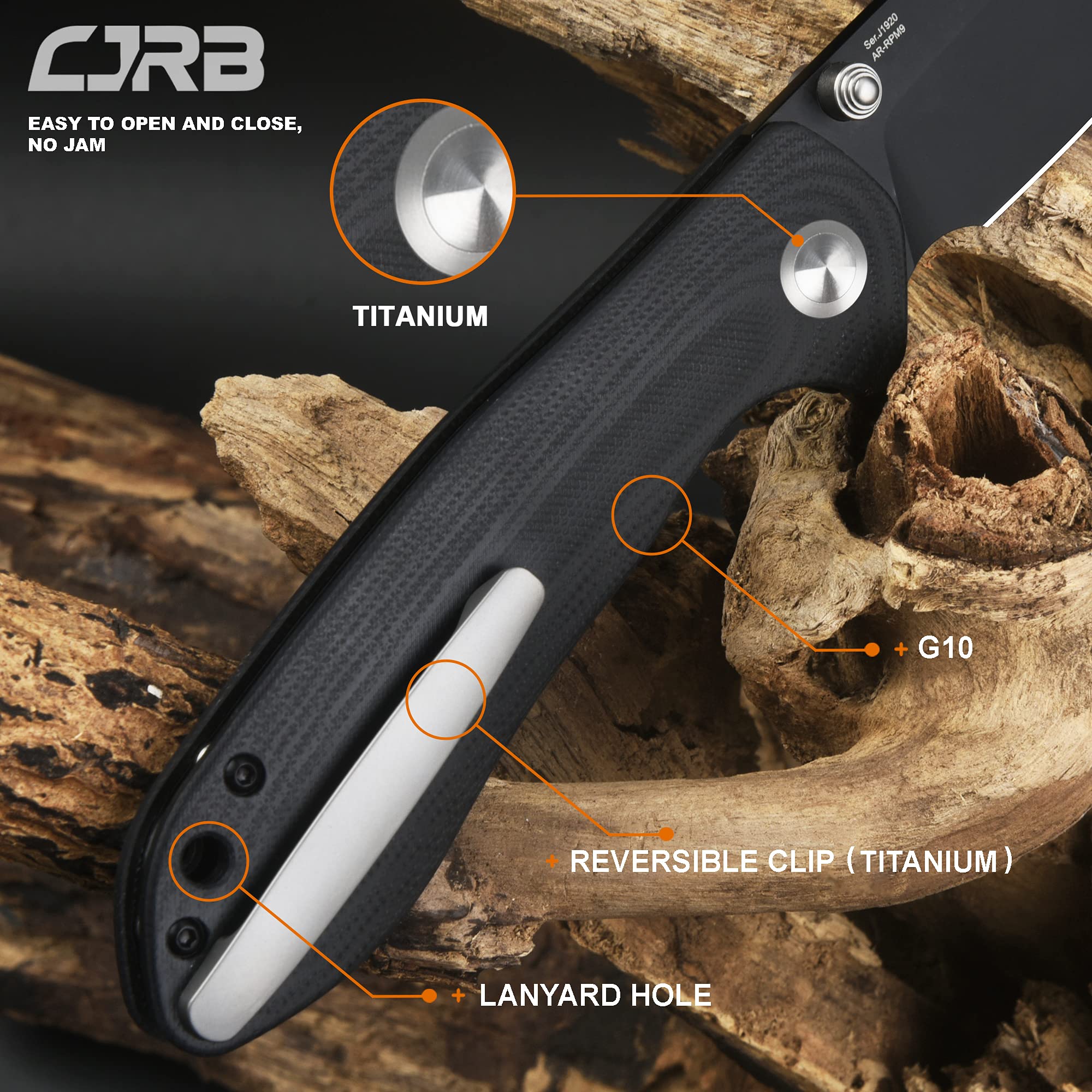 CJRB CUTLERY Pocket Knife Scoria (J1920) AR-RPM9 Powder Steel Black PVD Blade Black G10 Handle Tactical Knife Folding Knife EDC Knife