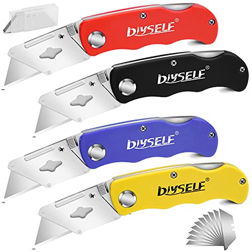 DIYSELF 4 Pack Folding Utility Knife, Box Cutters with 10 Blades, Quick Change Blades Utility Knives, Razor Knife with Belt Clip, Box Cutter Knife for Cardboard, Drywall, Carpet, Razor Knife Utility