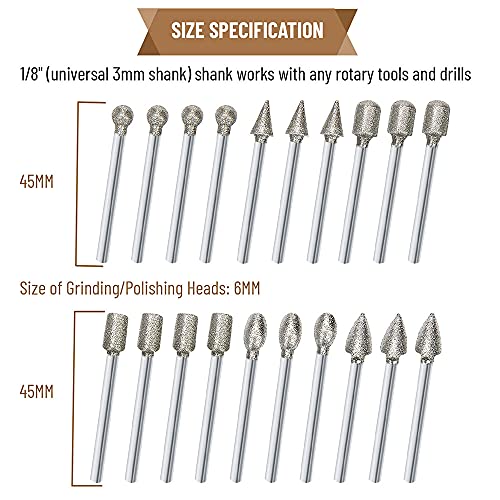 Stone Carving Set Polishing Diamond Burrs, Rotary Tools Accessories Grinding Burrs with 1/8 inch Shank For Carving, Engraving, Grinding, Polishing Stone, Glass, Jewelry, Ceramics, Rock