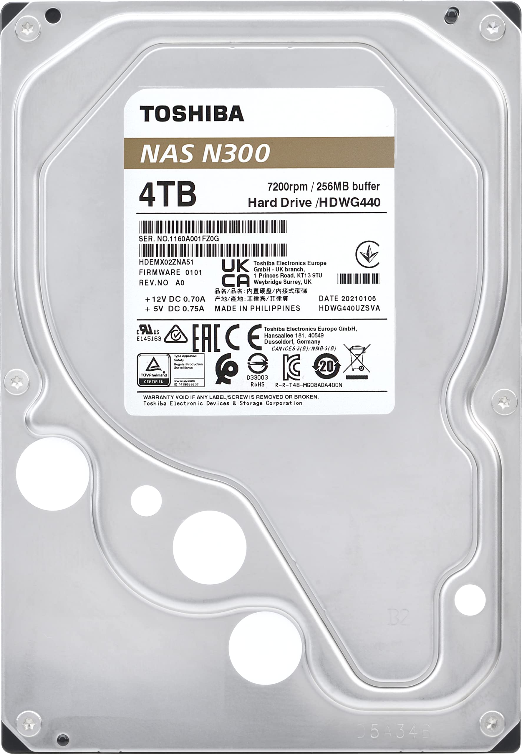 Toshiba N300 4TB NAS 3.5-Inch Internal Hard Drive - CMR SATA 6 GB/s 7200 RPM 256 MB Cache - HDWG440XZSTA