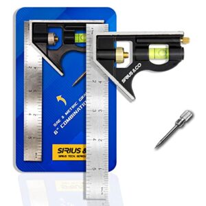 sirius&co 6" combination square of metric and imperial measurements stainless steel angle ruler