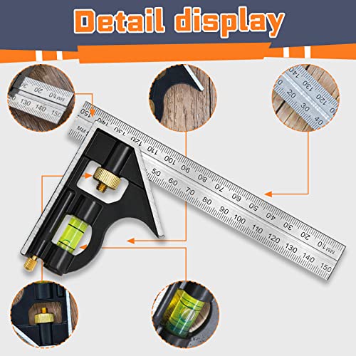 Sirius&Co 6" Combination Square of Metric and Imperial Measurements Stainless Steel Angle Ruler