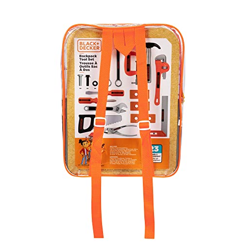 Black + Decker 23-Piece Kids Junior Tool Set Kids Pretend Play Tools Backpack, 23 Tools & Accessories, Hammer, Phillips Screwdriver, Saw, Pliers Adjustable Wrench & More! For Boys & Girls Ages 3+