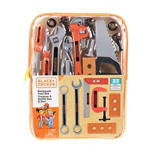 black + decker 23-piece kids junior tool set kids pretend play tools backpack, 23 tools & accessories, hammer, phillips screwdriver, saw, pliers adjustable wrench & more! for boys & girls ages 3+