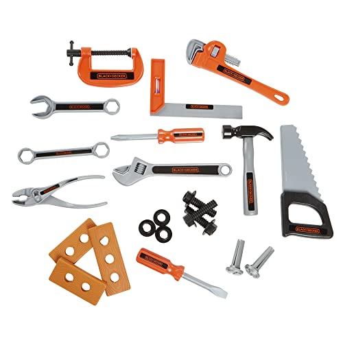 Black + Decker 23-Piece Kids Junior Tool Set Kids Pretend Play Tools Backpack, 23 Tools & Accessories, Hammer, Phillips Screwdriver, Saw, Pliers Adjustable Wrench & More! For Boys & Girls Ages 3+